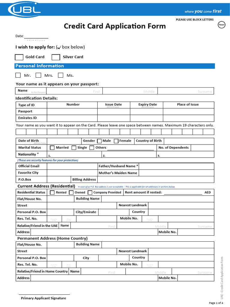 UAE - Credit Card Application Form | PDF | Credit Card | Payments