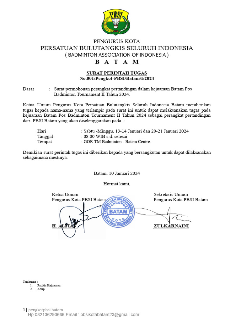 Surat Tugas PBSI Batam 2024 | PDF