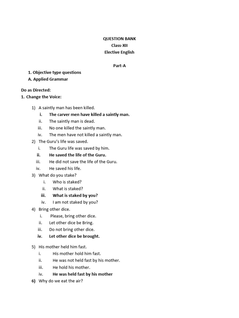 Question Bank English Elective - Xii For Da Students-1-1 | PDF | Mr ...