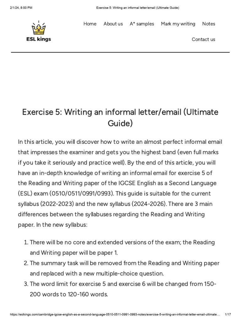 Exercise 5 - Writing An Informal Letter - Email (Ultimate Guide) | PDF ...