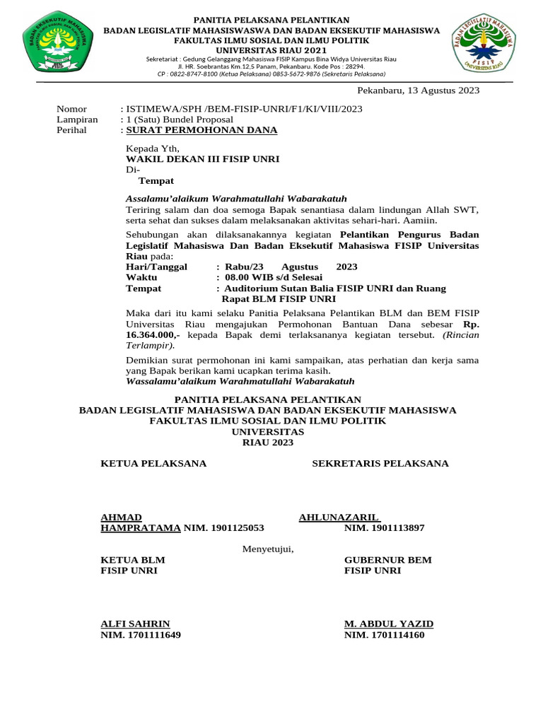Proposal Pelantikan BLM Dan BEM FISIP UNRI 2021 (Kop Tahun Lalu) | PDF