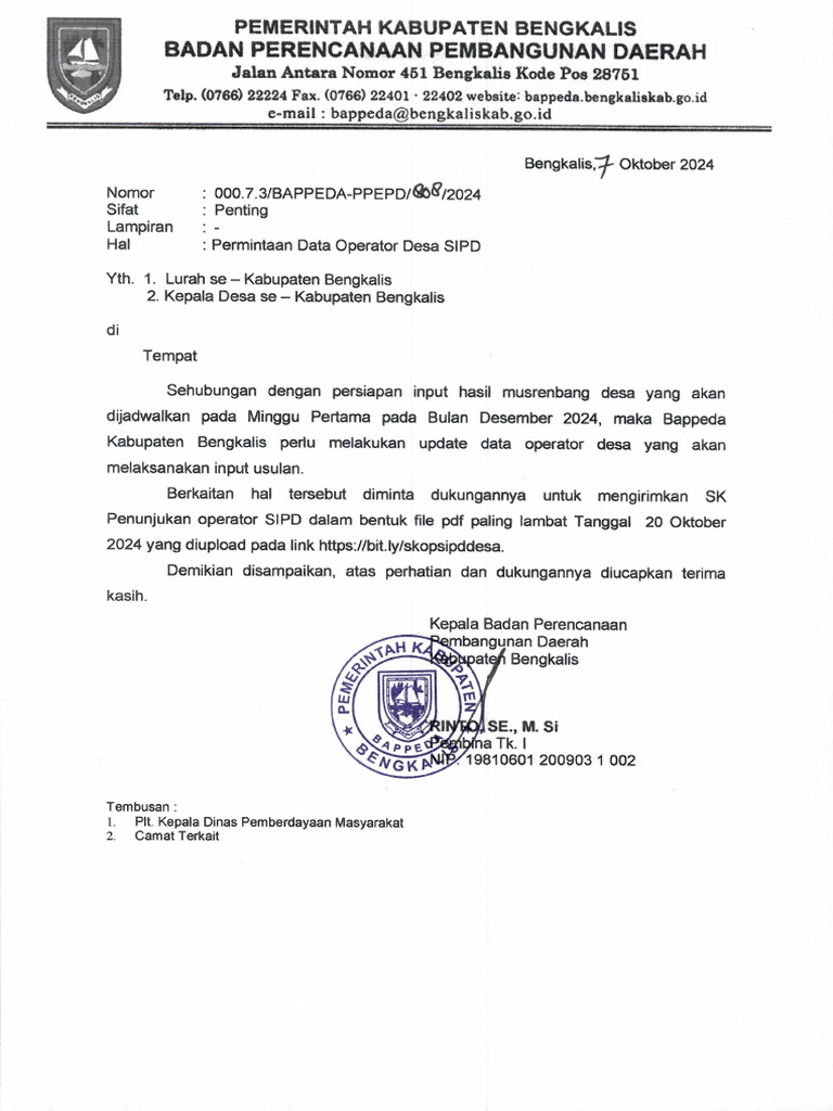 Permintaan Data Operator Desa Dan Kelurahan SIPD | PDF