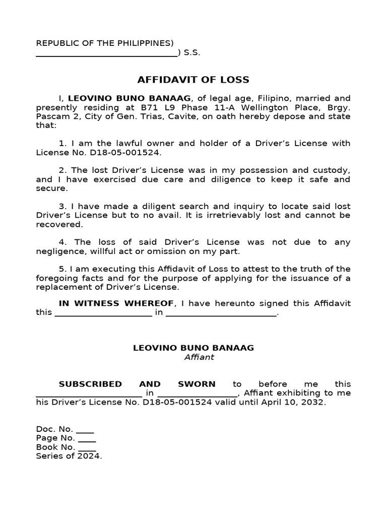 Affidavit of Loss for Driver's License | PDF | Law