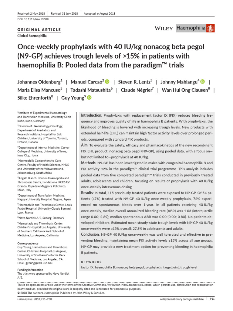 Haemophilia - 2018 - Oldenburg - Once Weekly Prophylaxis With 40 IU KG ...