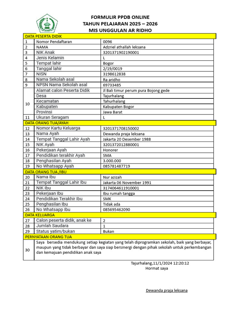 Formulir PPDB MI Unggulan Ar Ridho 2025-2026 Adzriel Athallah Leksana | PDF