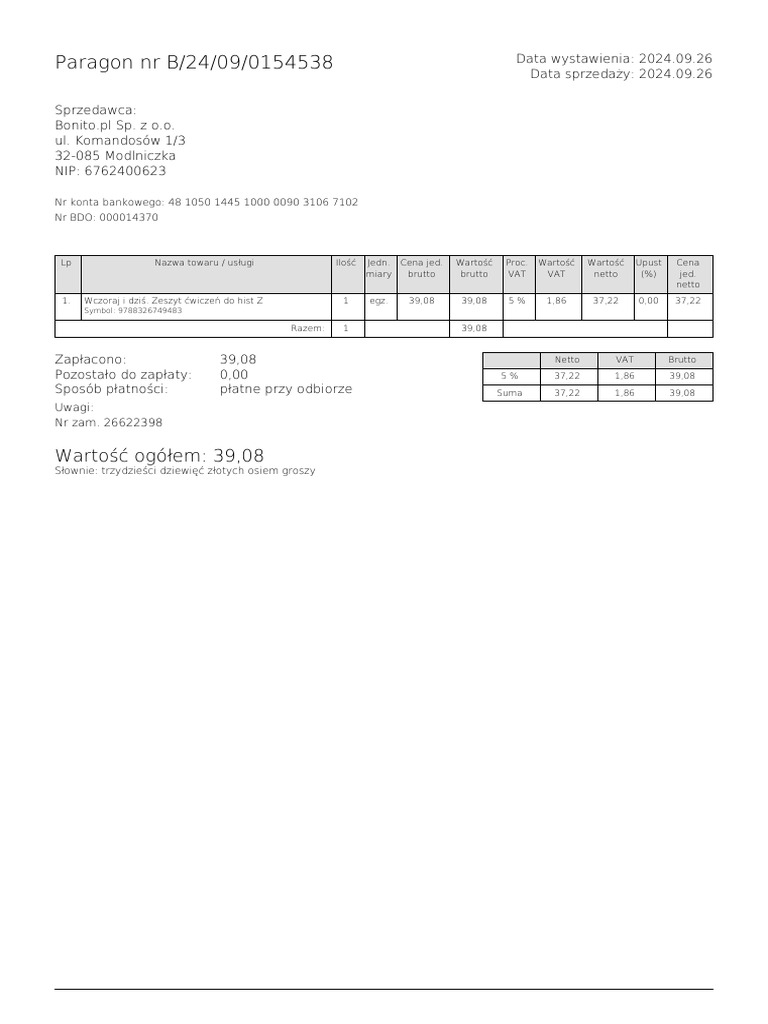 Paragon NR B/24/09/0154538: Wartość Ogółem | PDF