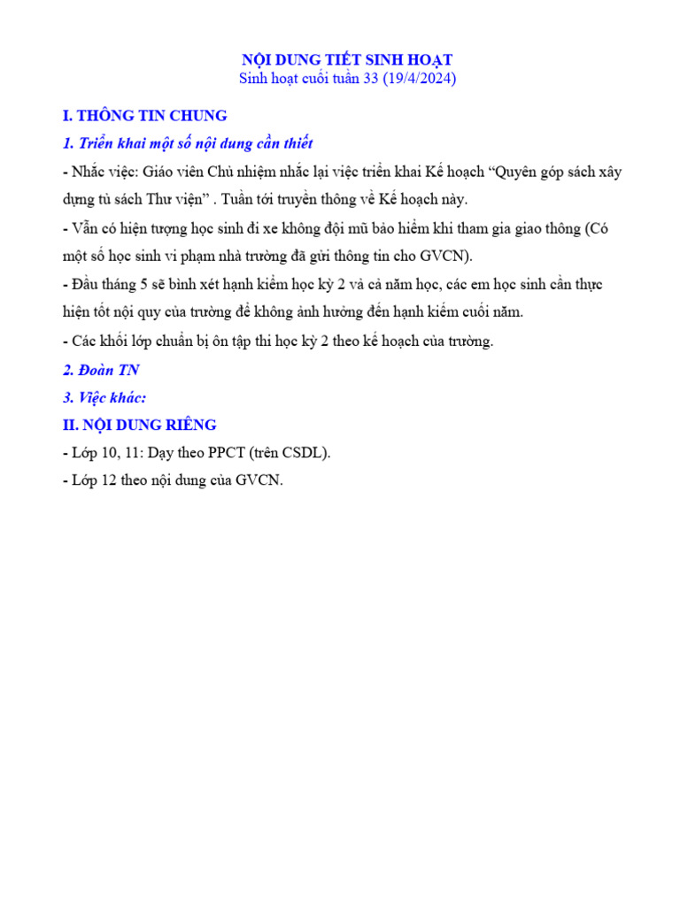 Noi Dung Tiet Sinh Hoat - Tuan 33 | PDF