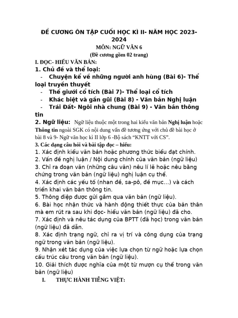 ĐỀ CƯƠNG NV6 | PDF