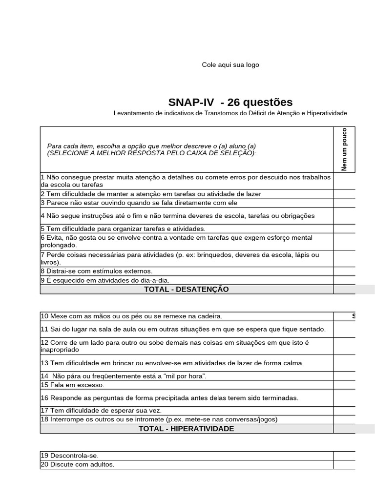 Ficha de Resultado SNAP-IV 26 Questões | PDF | Transtorno de déficit de ...