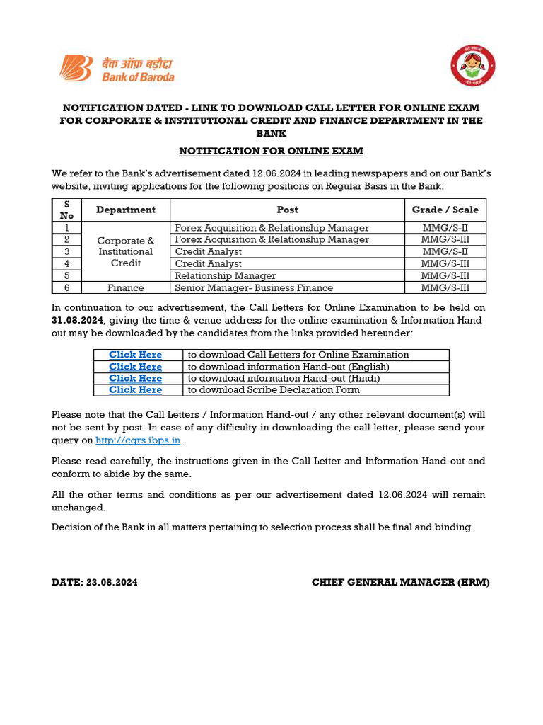 Notification Link For Downloading Call Letter 24 01 | PDF