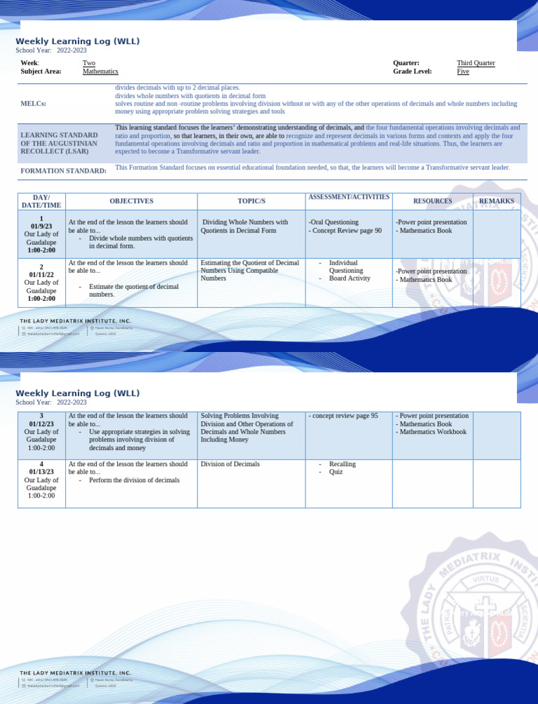 WEEK 2-3RD-Grade 5 | PDF | Learning | Mathematics