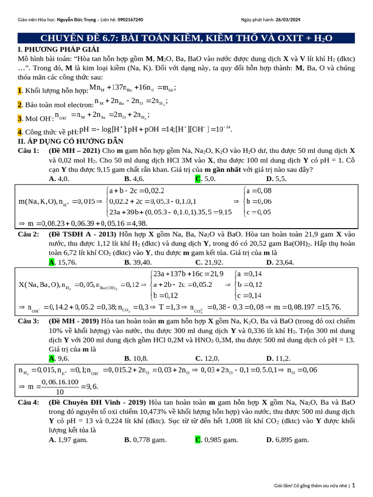 6.7. Bài Toán Kiềm, Kiềm Thổ, Oxit + Nước | PDF