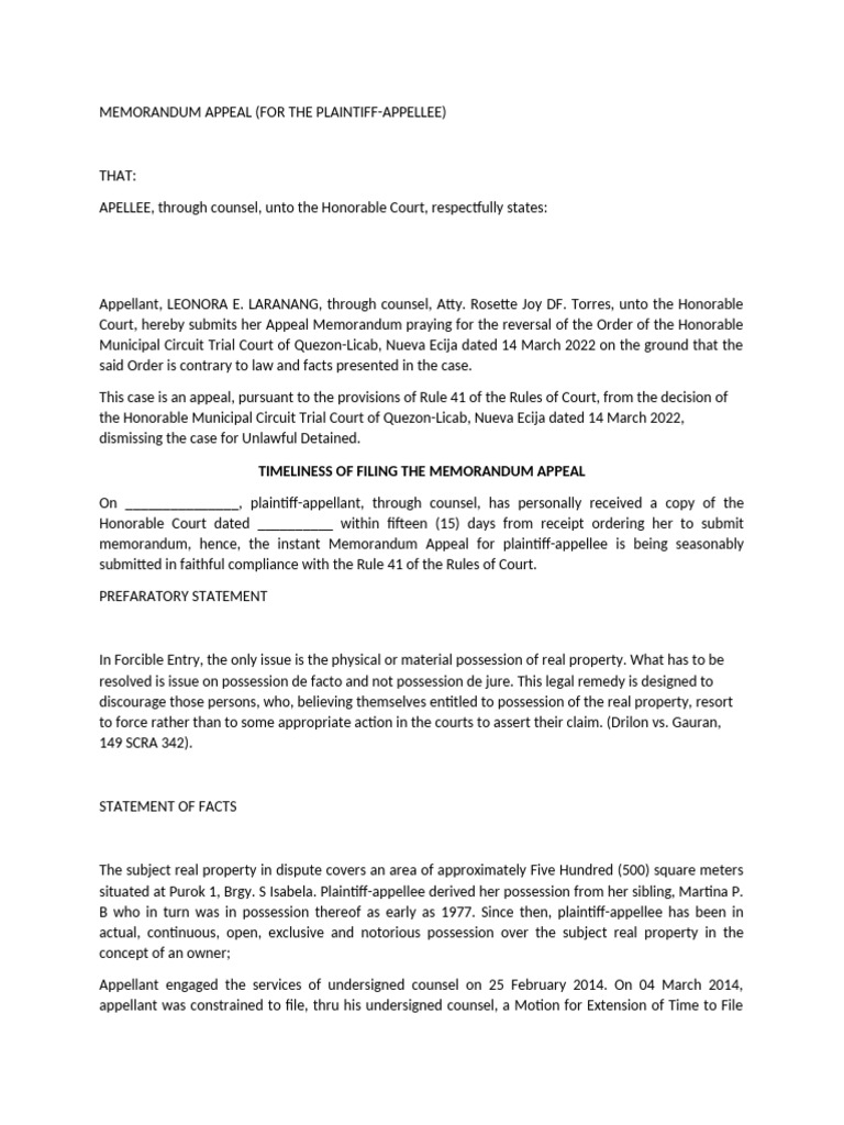 Appeal Memo | PDF | Complaint | Eviction