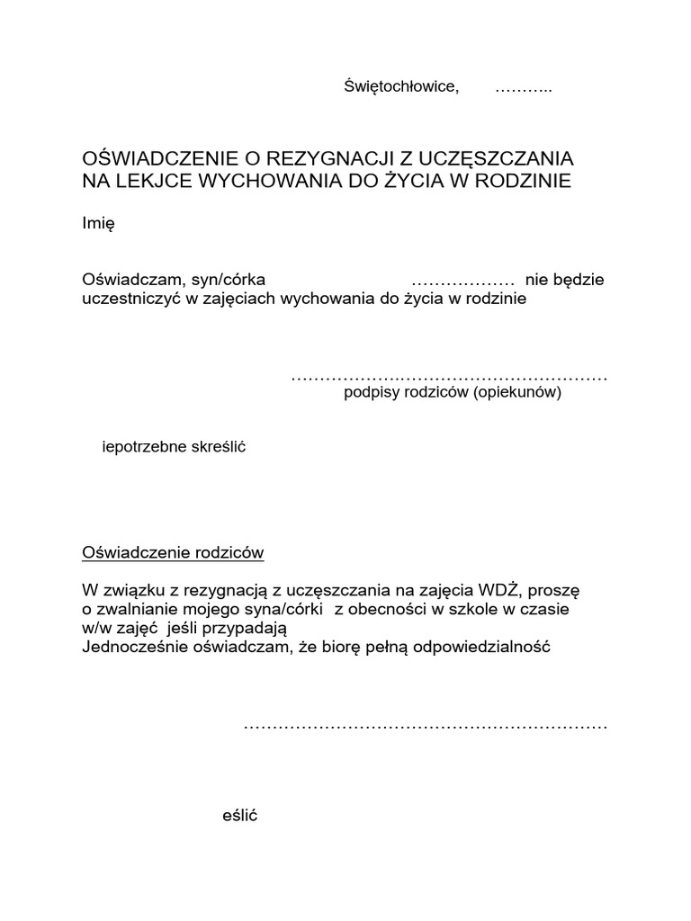 Wzor Rezygnacji Z WDZ Niepełnoletni Uczen | PDF
