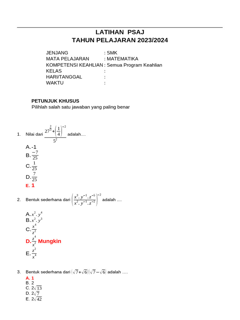 Latihan Soal Matematika Psaj 2023-2024 Jawab | PDF