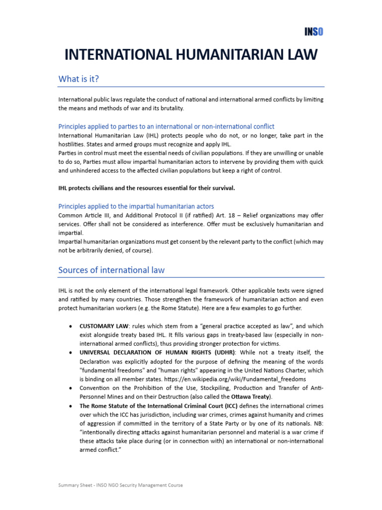 Summary Sheet - International Humanitarian Law | PDF | International Humanitarian Law | Human Rights