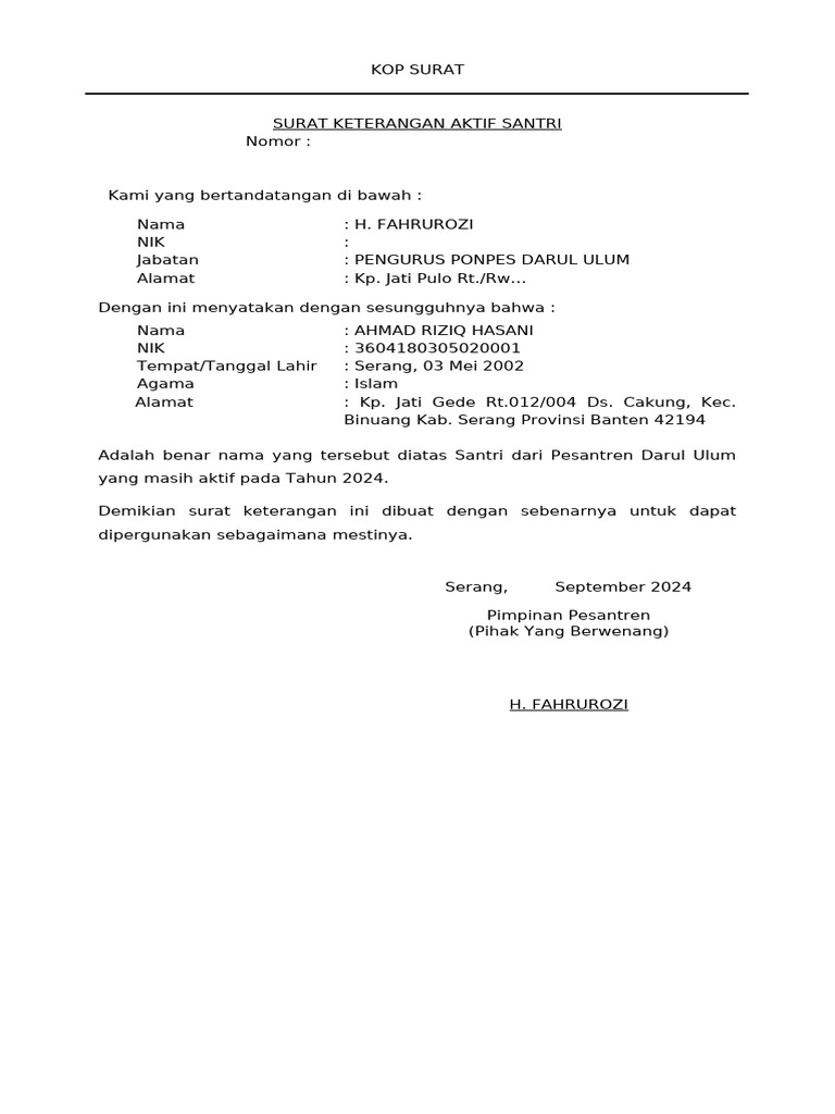 Contoh Surat Keterangan Aktif Santri | PDF