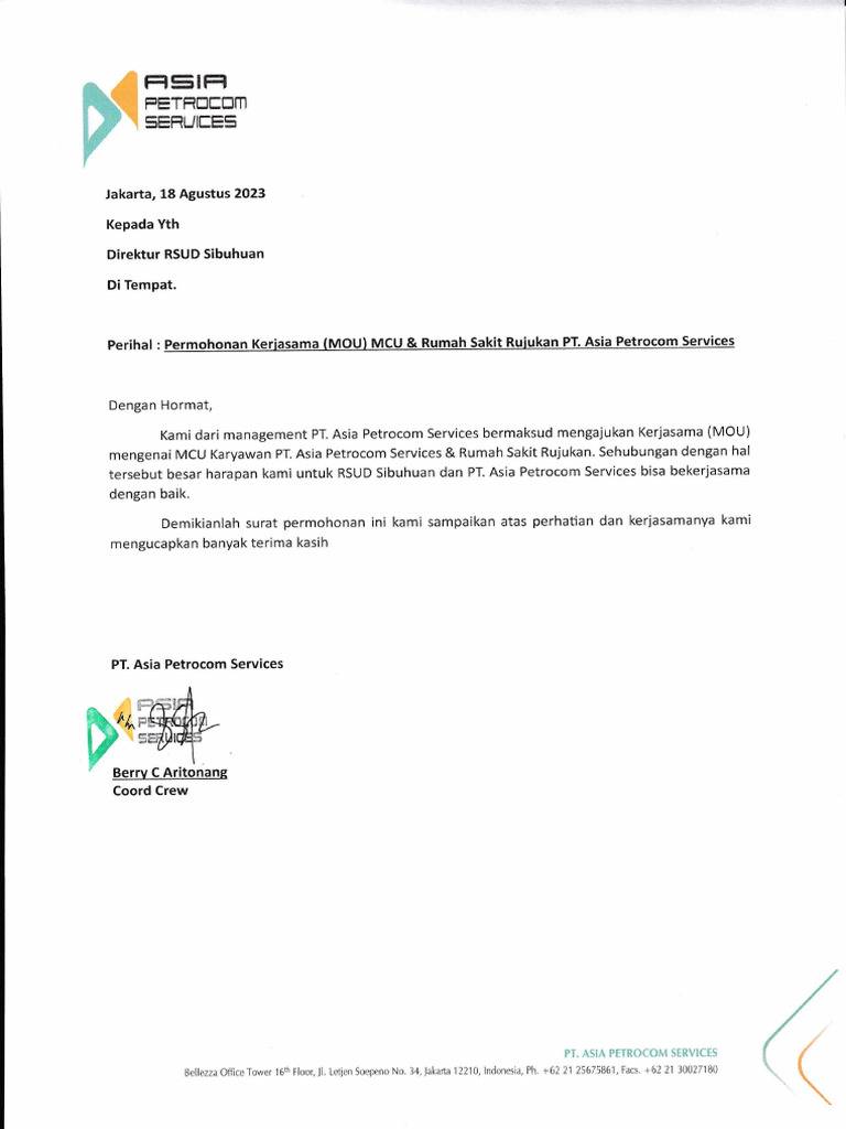 Surat Permohonan Mou Mcu & RS Rujukan PT Aps - 20230818 - 0001 | PDF ...