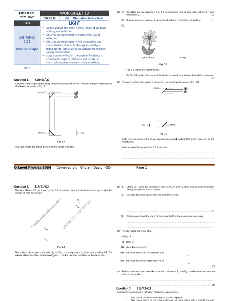 Worksheet 10 - Reflection of Light - P4 | PDF