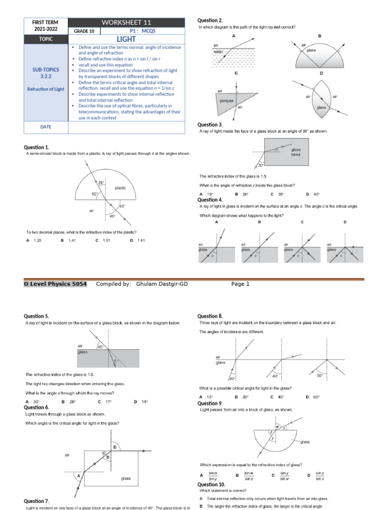 Worksheet 11 - Refraction of Light - P1 | PDF | Reflection (Physics) | Waves
