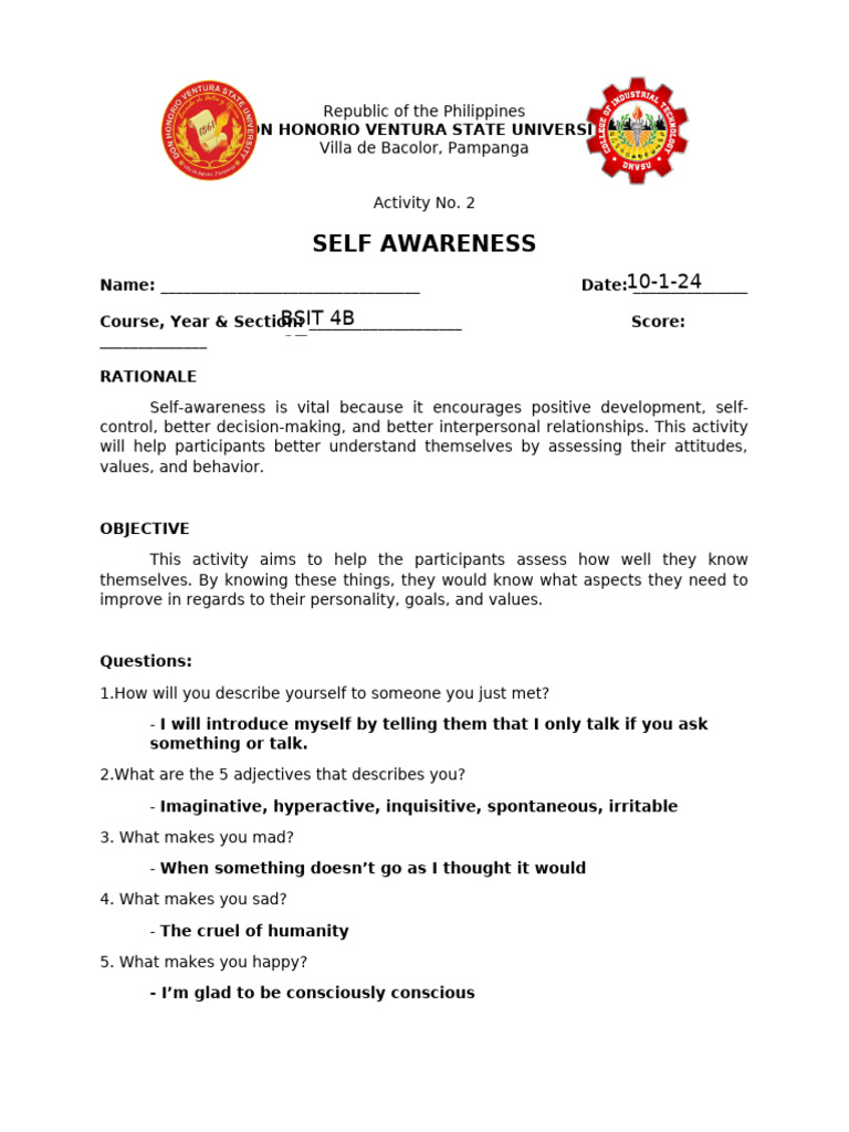 Self-Awareness Activity Guide | PDF | Self Awareness | Consciousness