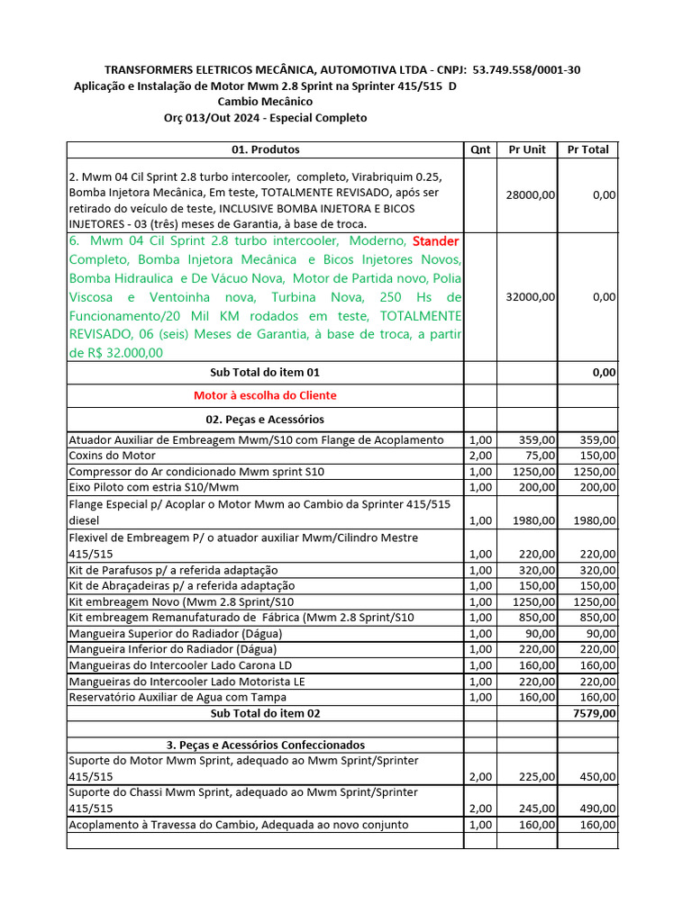 08 Out 24 - Orç 013 - Sergio Aplicar Motor MWM 2.8 - Sprinter 515 S ...