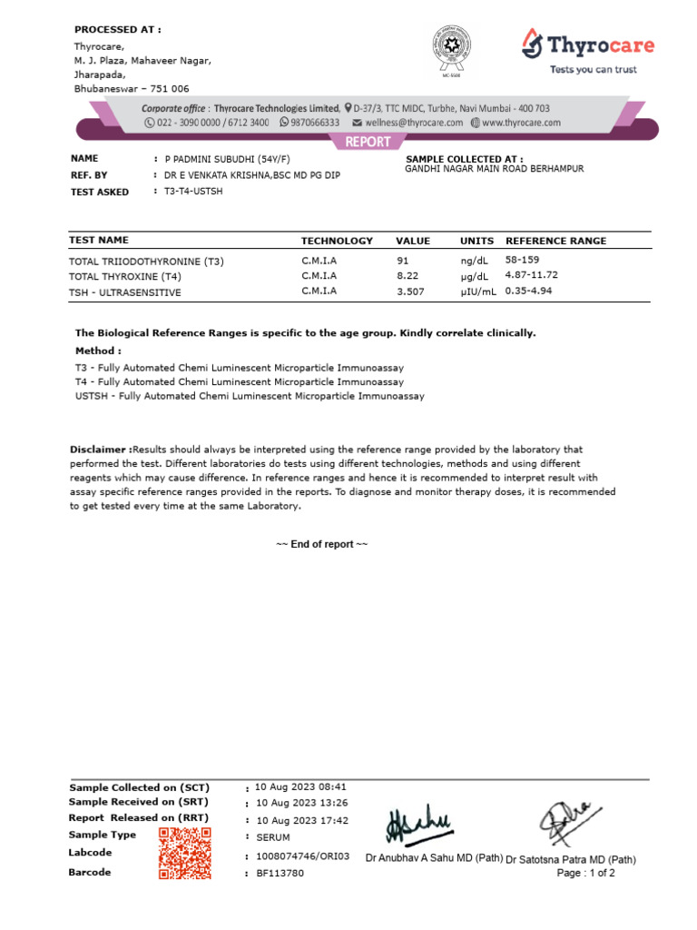Report ORI03C10891906956249 2023 08 10 R L | PDF | Thyroid | Endocrine ...