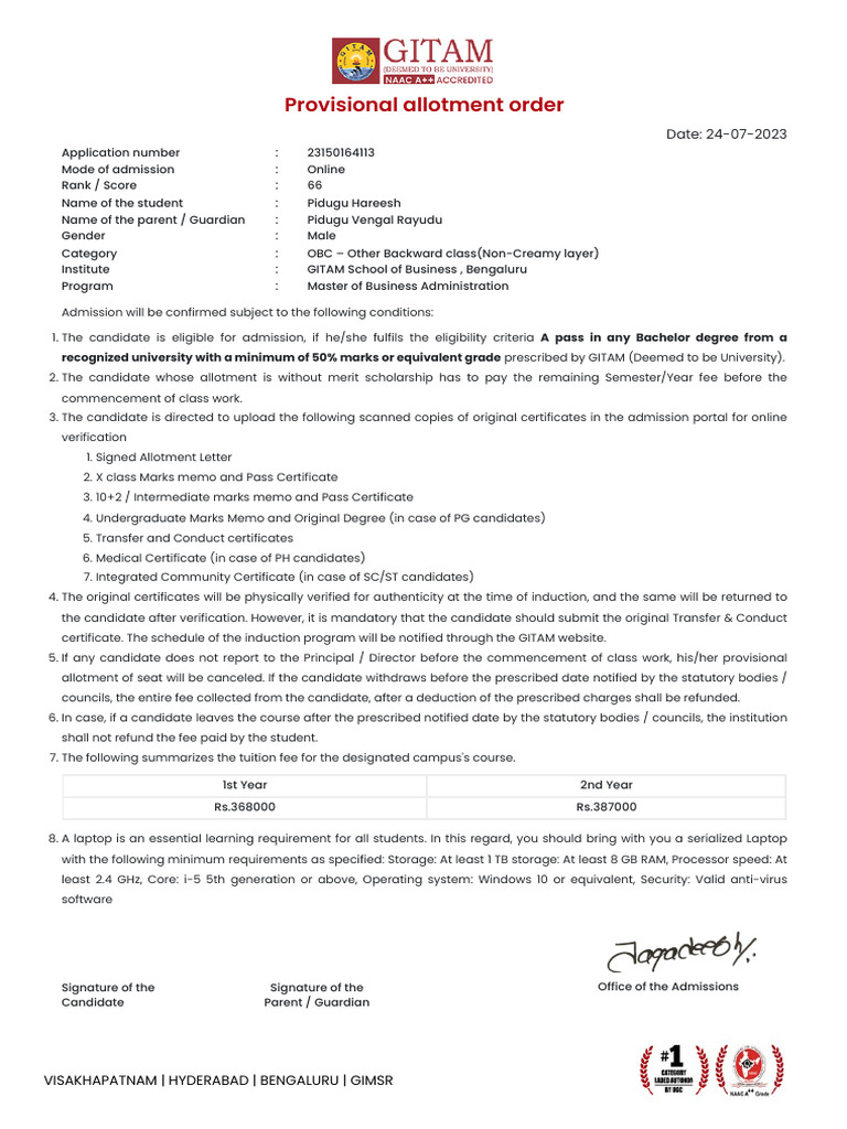 GITAM Allotment Order | PDF