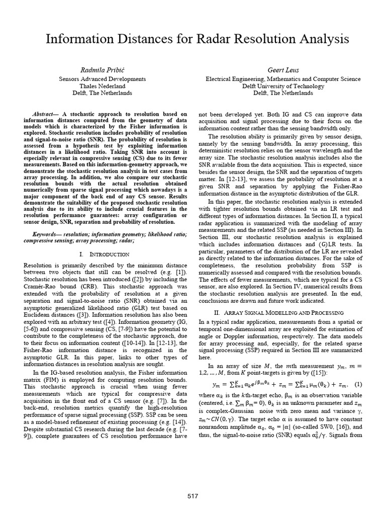 Information Distances For Radar Resolution Analysis: Radmila Pribić Geert Leus | PDF | Signal To ...