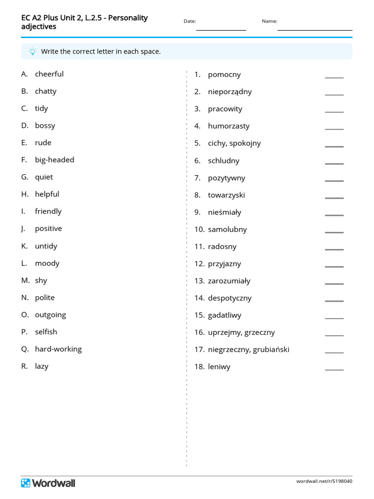 Ec A2 Plus Unit 2 l25 Personality Adjectives Match Up Write The Answer | PDF