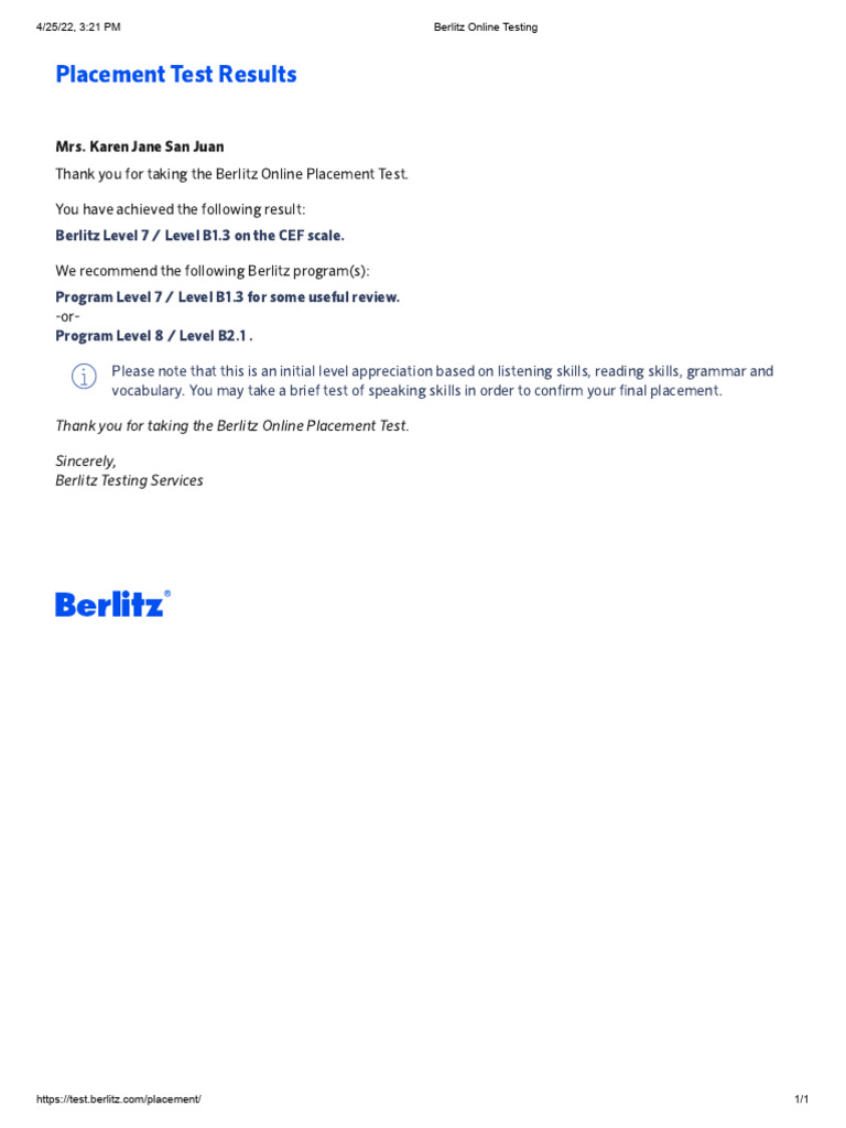 Berlitz Online Testing | PDF | Career & Growth