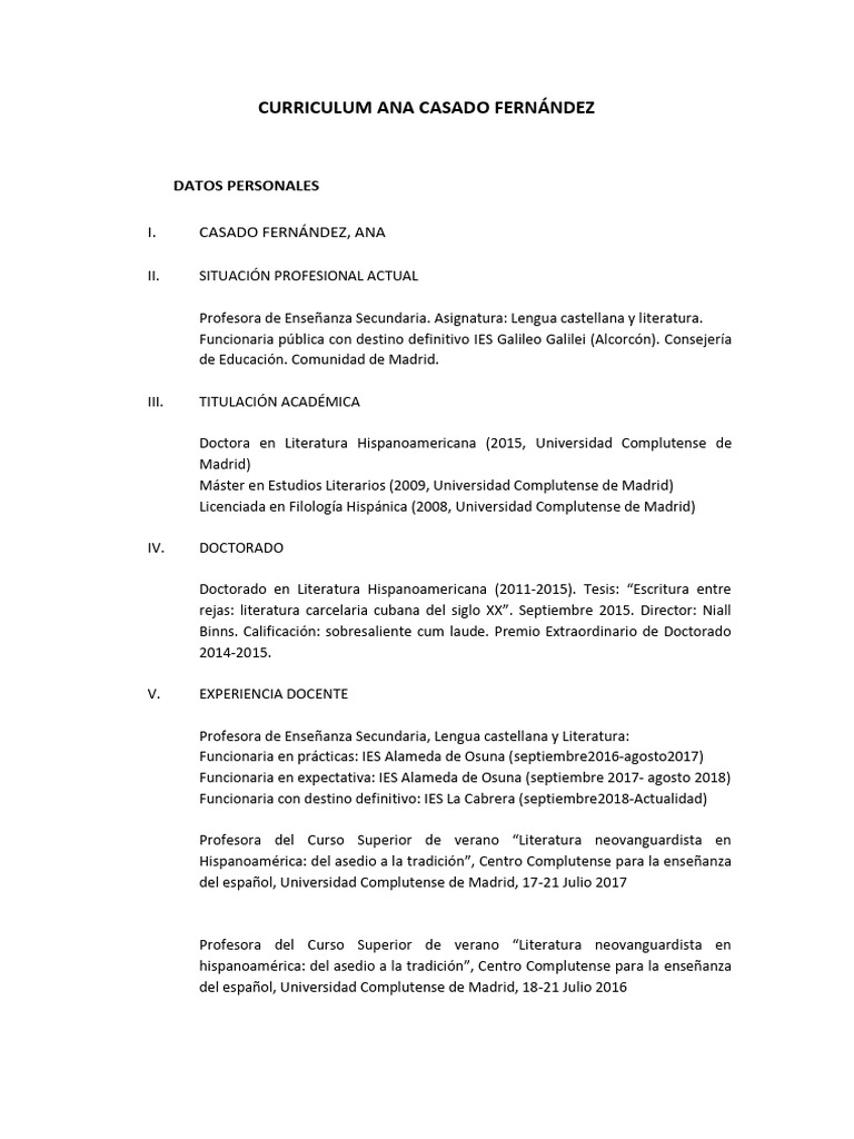 Curriculum Vitae de Ana Casado Fernández | PDF | Maestros | Madrid