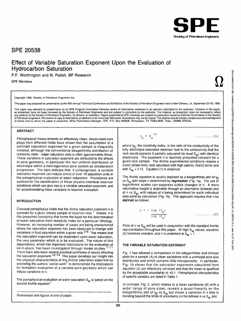Spe 20538 Ms Effect Of Variable Saturation Exponent Upon The Evaluation Of Hydrocarbon