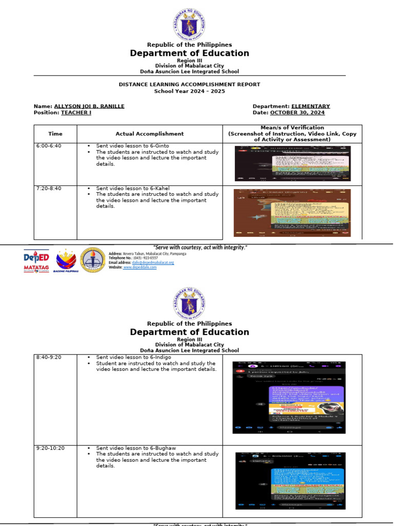 10-30-2024 Grade6 Dlar-ranille, Allyson Joi | PDF | Teaching | Education Theory