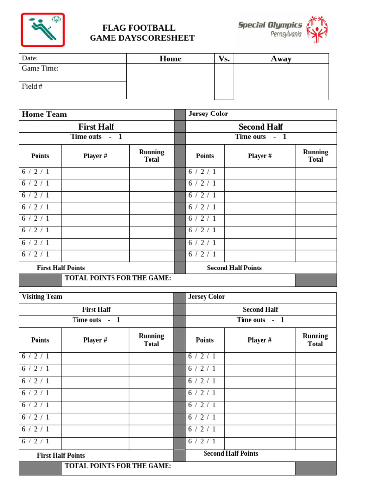 Flag Football Game Day Score Sheet Final | PDF