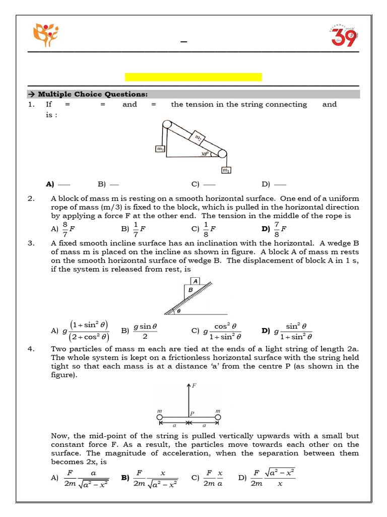 Newtons Laws of Motion IIT Work Sheet 2024-25 | PDF | Force | Tension ...