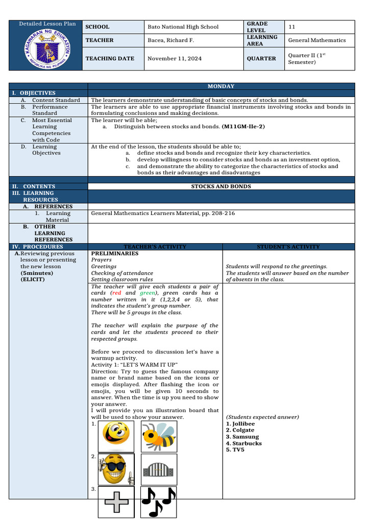 Detailed Lesson Plan 1.3 | PDF | Bonds (Finance) | Stocks