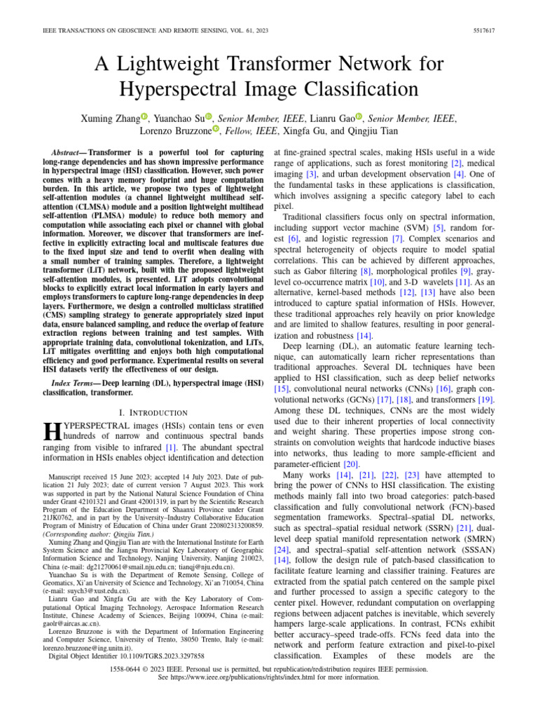 A Lightweight Transformer Network For Hyperspectral Image Classification | PDF | Applied ...