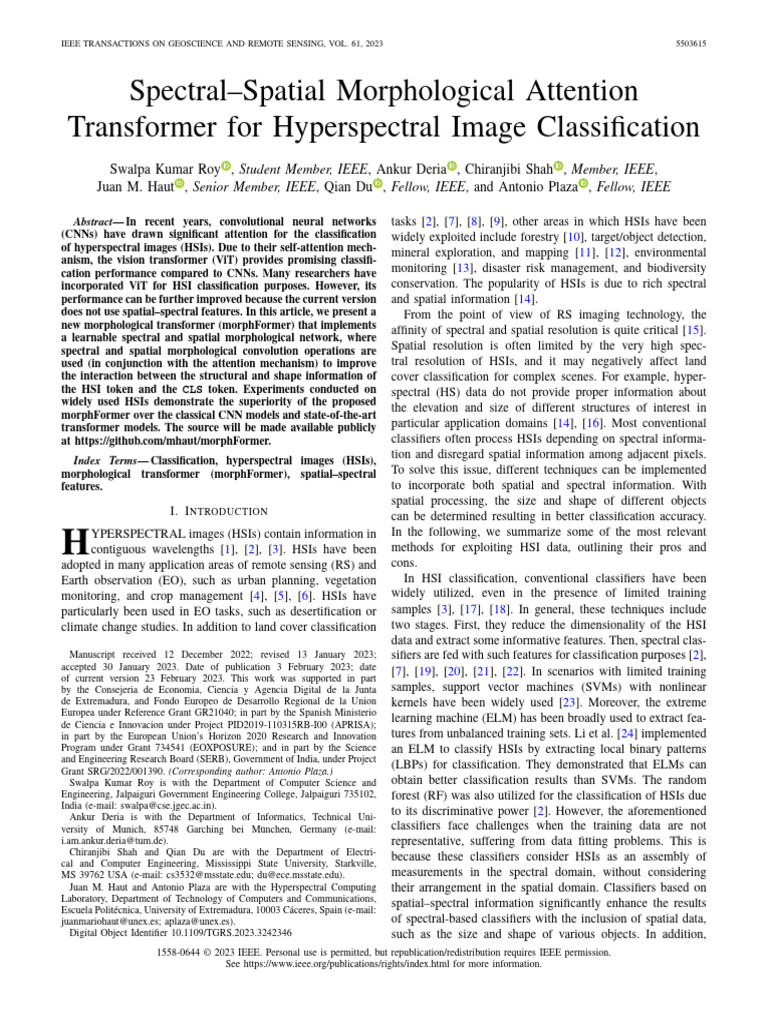 Spectralspatial Morphological Attention Transformer For Hyperspectral Image Classification Pdf