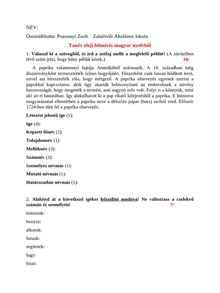 Osztály NYELVTAN TÉMAZÁRÓ | PDF