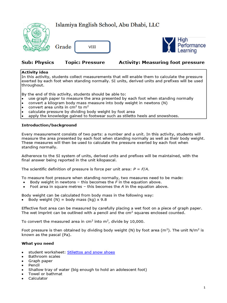Measuring Foot Pressure Activity | PDF | Pressure | Weight