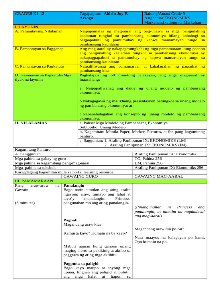 Lesson Plan - Unang Modelo | PDF