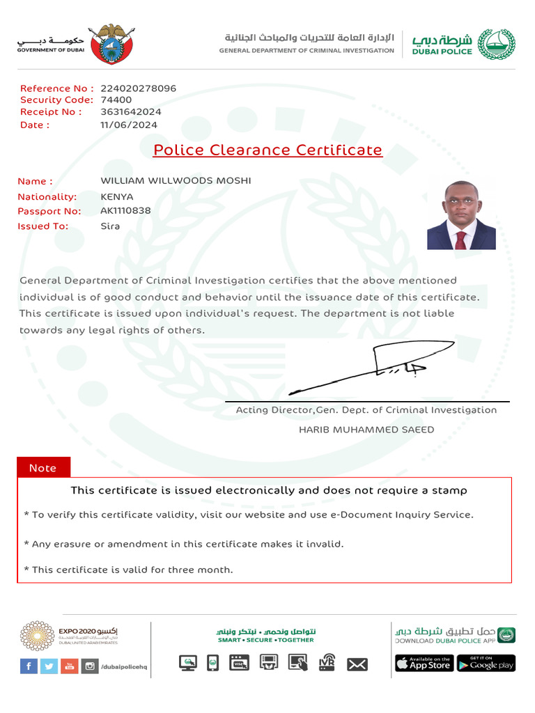 Police Clearance Certificate: Reference No: Security Code: Date ...