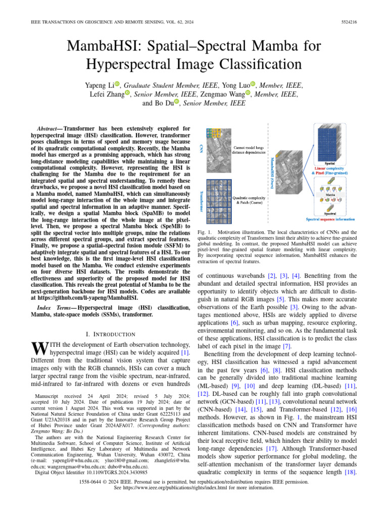 MambaHSI SpatialSpectral Mamba For Hyperspectral Image Classification | PDF | Image Segmentation ...