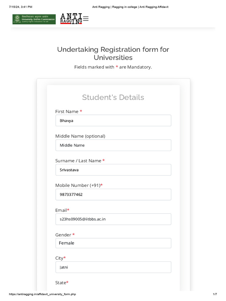 Anti Ragging - Ragging in College - Anti Ragging Affidavit | PDF ...