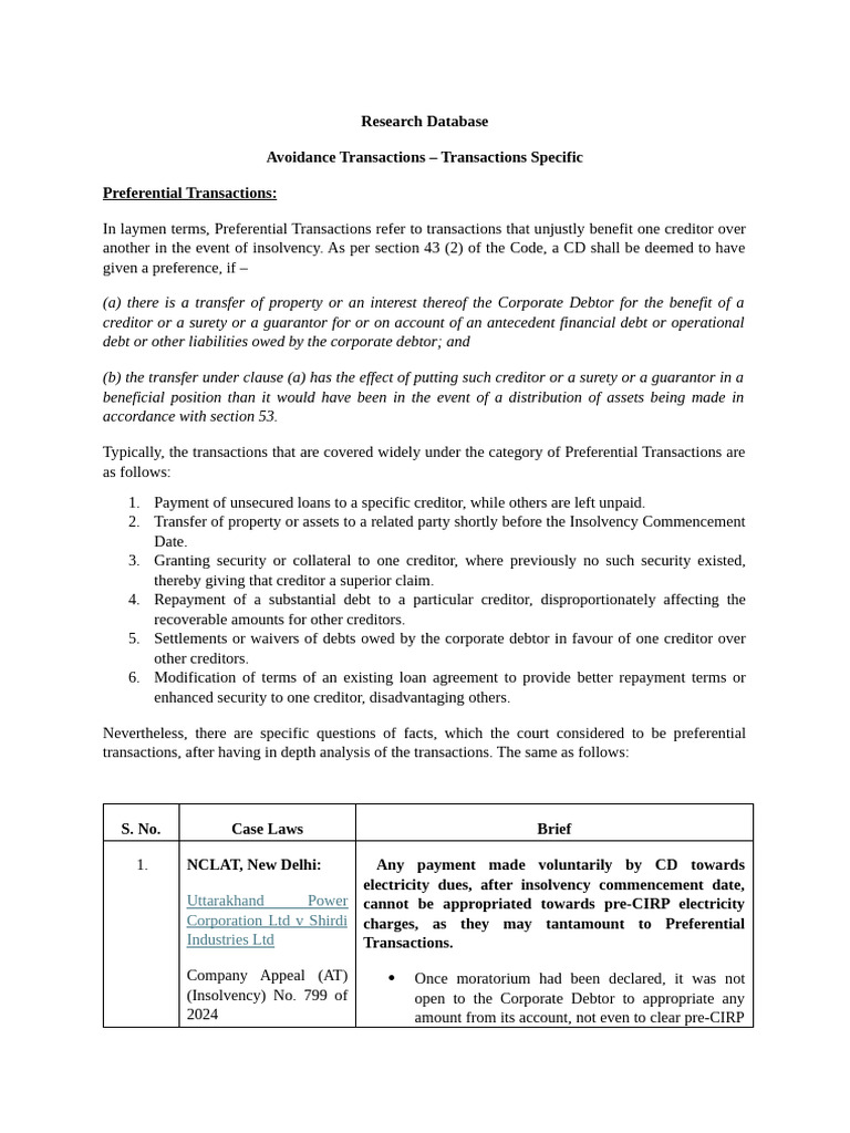 Preferential Transactions in Insolvency | PDF | Debt | Loans