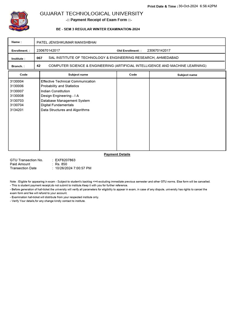 Exam Form Payment Receipt | PDF