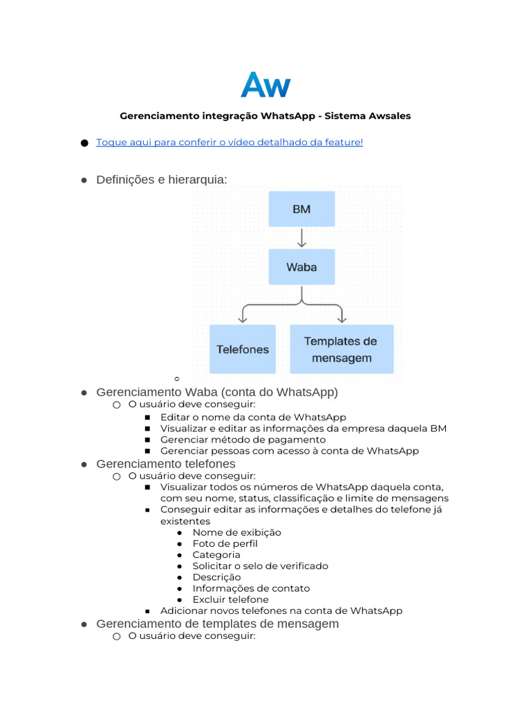 Gerenciamento Integração WhatsApp - Sistema Awsales | PDF