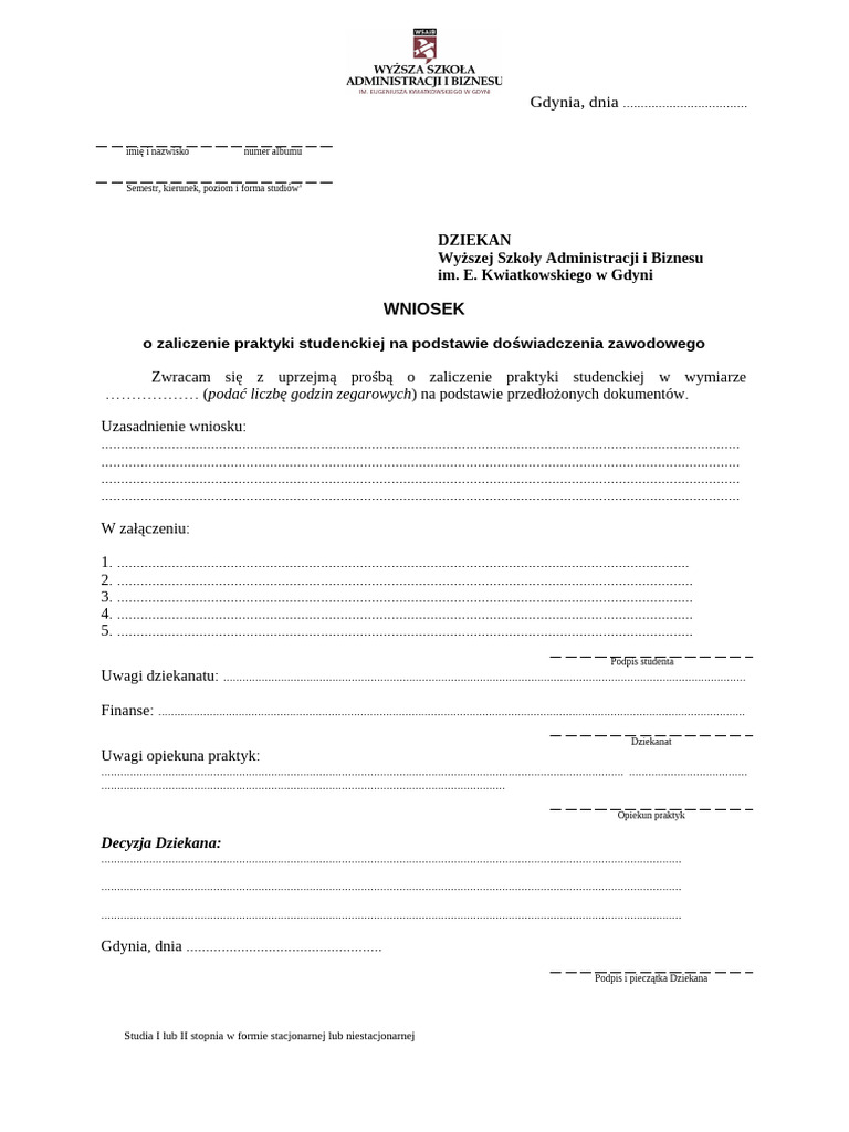 Wniosek o Zaliczenie Praktyki Na Podstawie Doswiadczenia Zawodowego 24 | PDF
