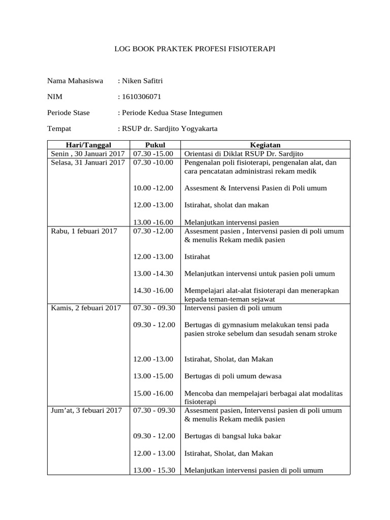 Log Book Praktik Fisioterapi RSUP Sardjito | PDF